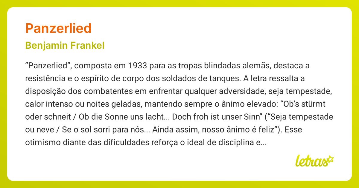 Significado da música PANZERLIED (Benjamin Frankel) - LETRAS.MUS.BR