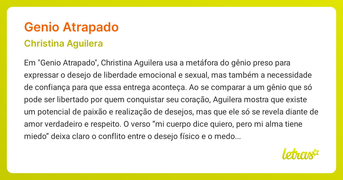 Significado da música GENIO ATRAPADO (Christina Aguilera) - LETRAS.MUS.BR