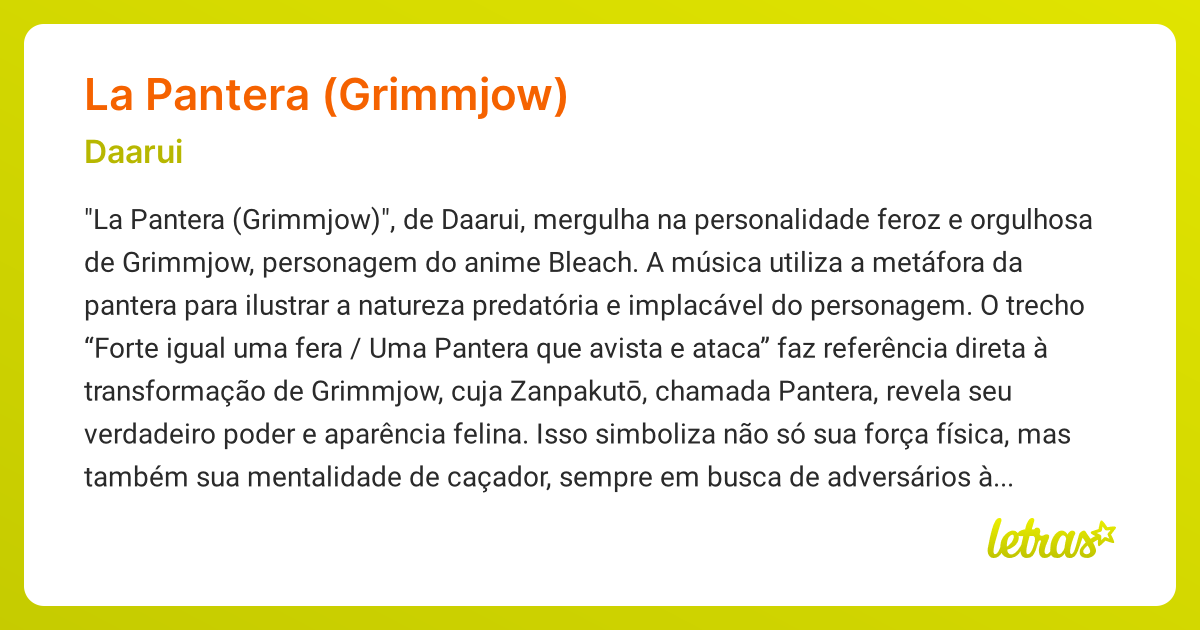 Significado da música LA PANTERA (GRIMMJOW) (Daarui) - LETRAS.MUS.BR