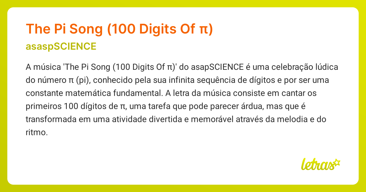Significado da música THE PI SONG (100 DIGITS OF Π) (asaspSCIENCE ...