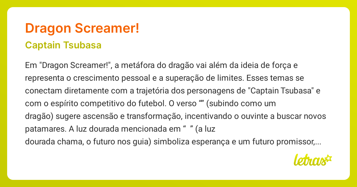 Significado da música DRAGON SCREAMER! (Captain Tsubasa) - LETRAS.MUS.BR