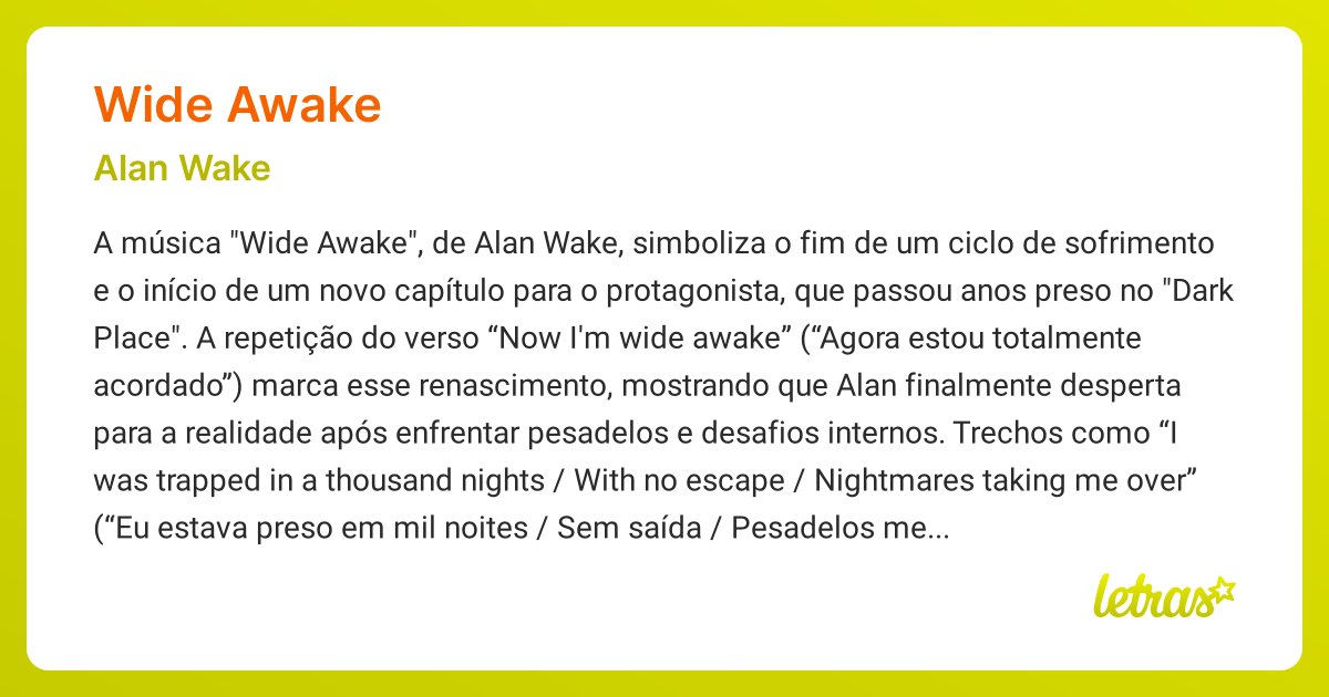 Significado da música WIDE AWAKE (Alan Wake) - LETRAS.MUS.BR