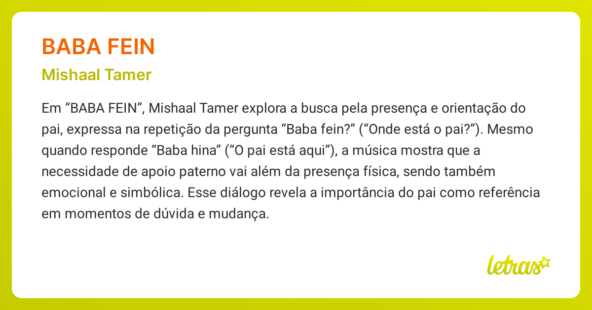Significado da música BABA FEIN (Mishaal Tamer) - LETRAS.MUS.BR