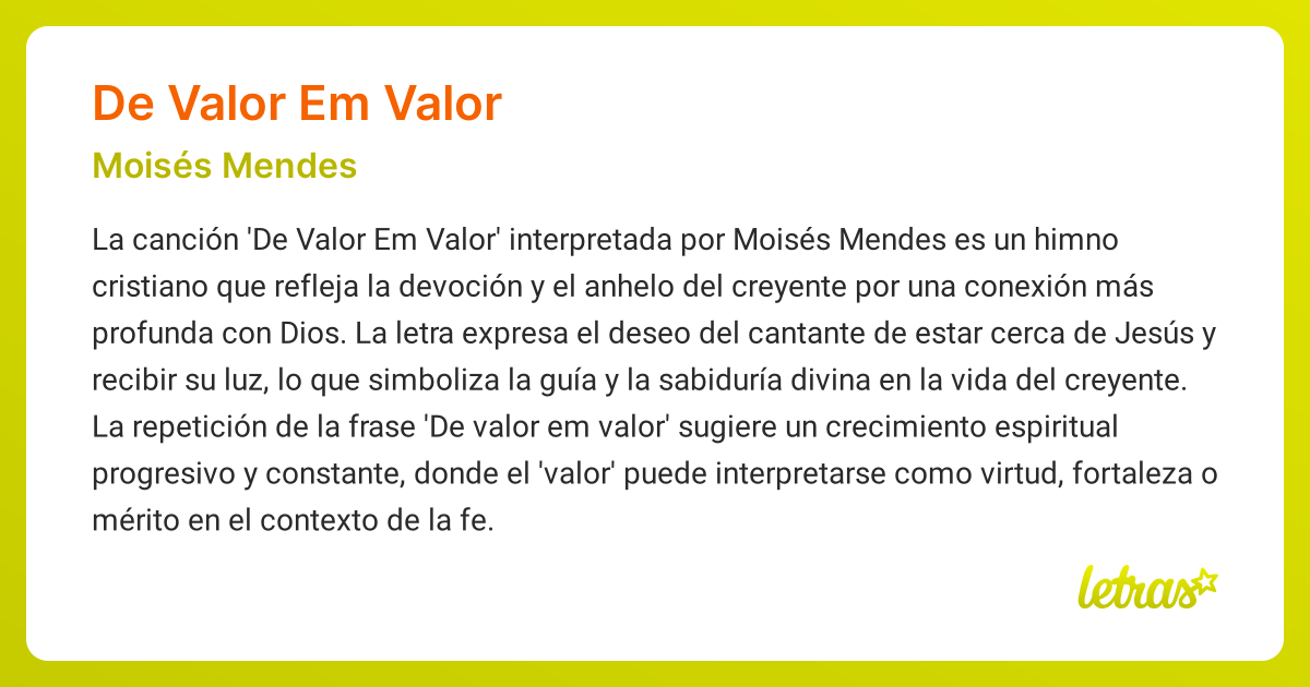 Significado de la canción DE VALOR EM VALOR (Moisés Mendes) - LETRAS.COM