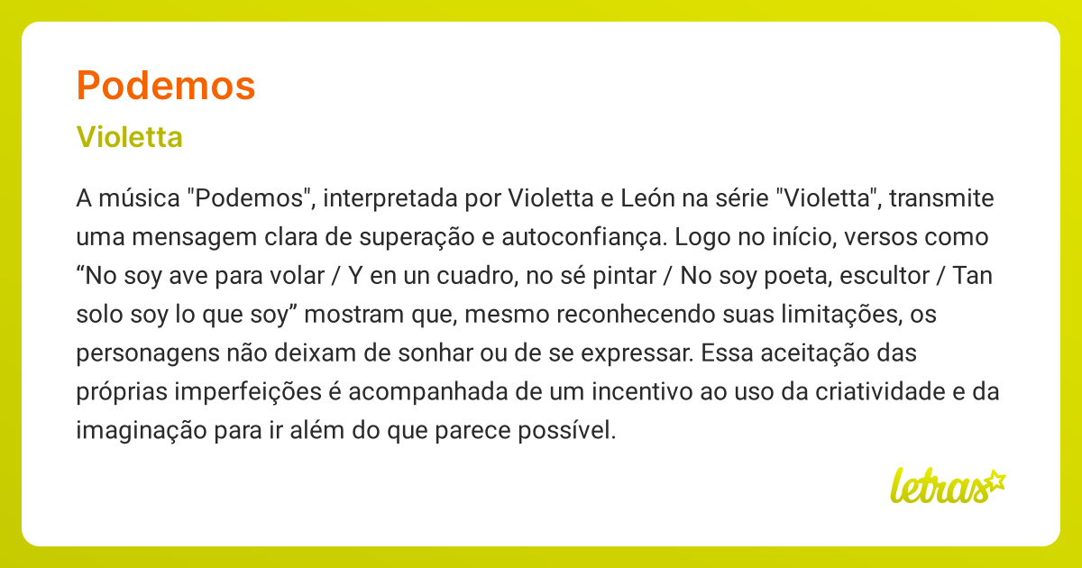 Significado da música PODEMOS (Violetta) - LETRAS.MUS.BR