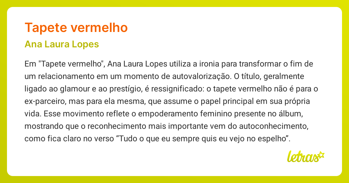 Significado da música TAPETE VERMELHO (Ana Laura Lopes) - LETRAS.MUS.BR