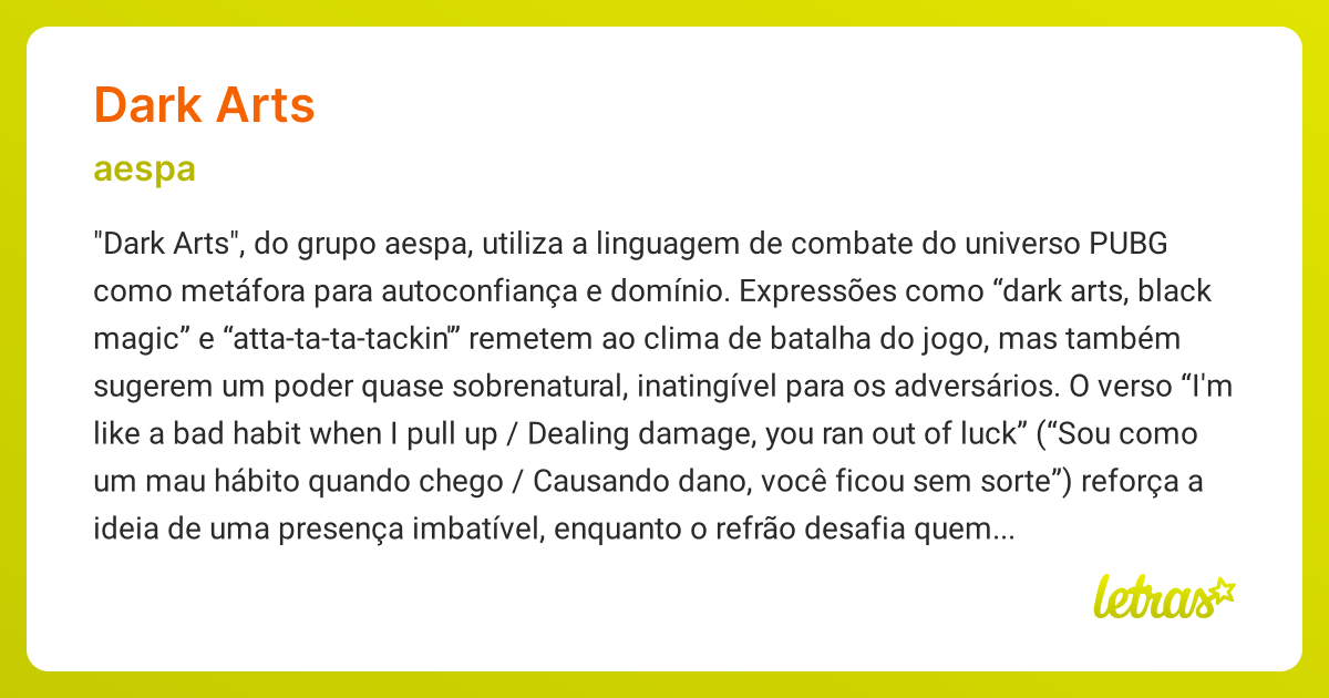 Significado da música DARK ARTS (aespa) - LETRAS.MUS.BR