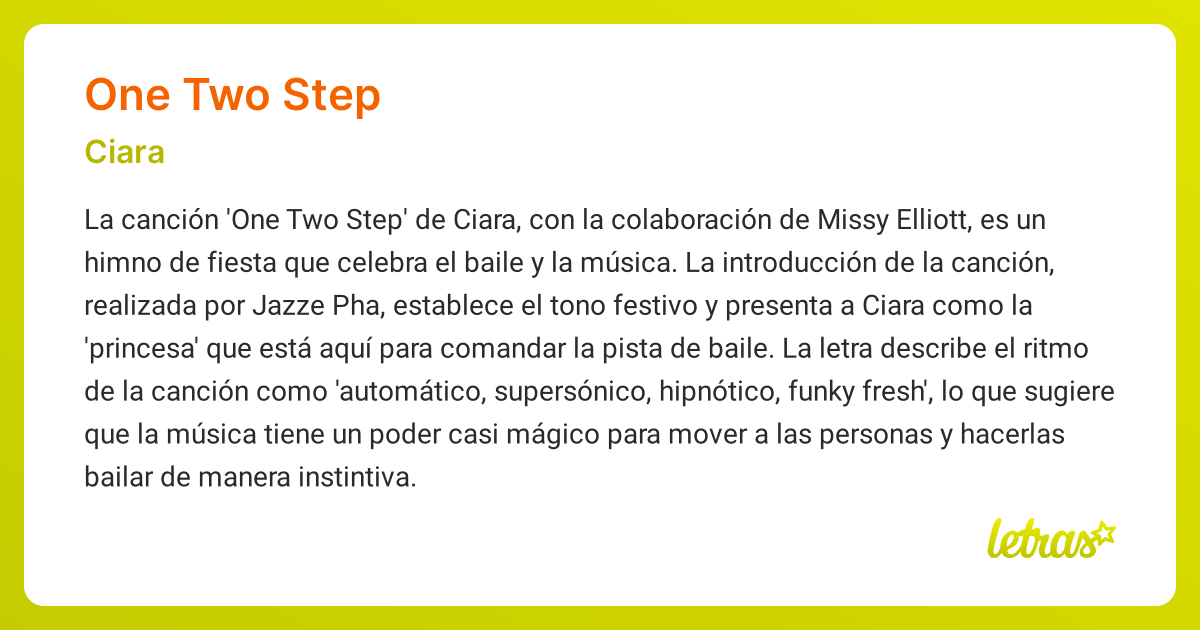 Significado de la canción ONE TWO STEP (Ciara) - LETRAS.COM