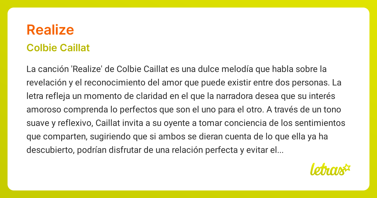 Significado de la canción REALIZE (Colbie Caillat) - LETRAS.COM