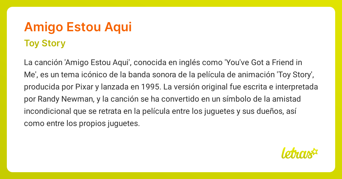 Significado de la canción AMIGO ESTOU AQUI (Toy Story) - LETRAS.COM