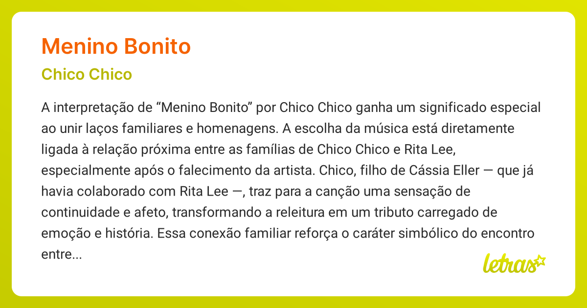 Significado da música MENINO BONITO (Chico Chico) - LETRAS.MUS.BR