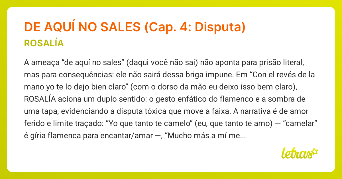 Significado da música DE AQUÍ NO SALES (Cap. 4: Disputa) (ROSALÍA ...