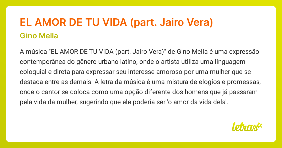 Significado da música EL AMOR DE TU VIDA (part. Jairo Vera) (Gino Mella ...