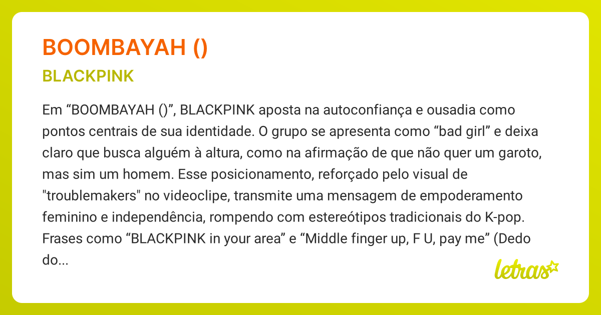 Significado da música BOOMBAYAH (붐바야) (BLACKPINK) - LETRAS.MUS.BR