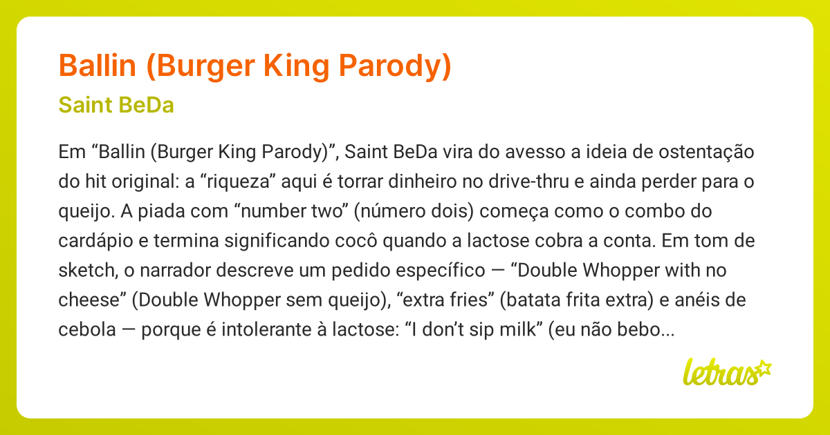 Significado da música BALLIN (BURGER KING PARODY) (Saint BeDa) - LETRAS ...