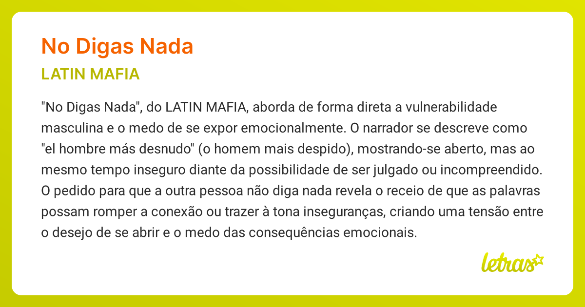 Significado da música NO DIGAS NADA (LATIN MAFIA) - LETRAS.MUS.BR