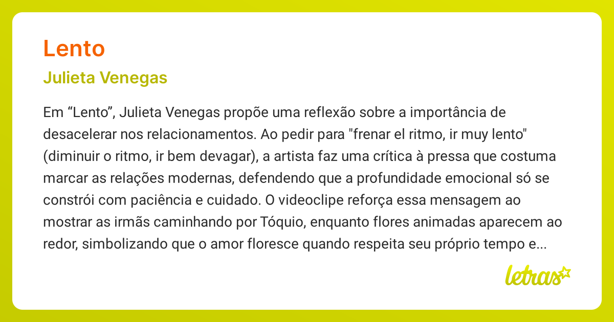 Significado da música LENTO (Julieta Venegas) - LETRAS.MUS.BR