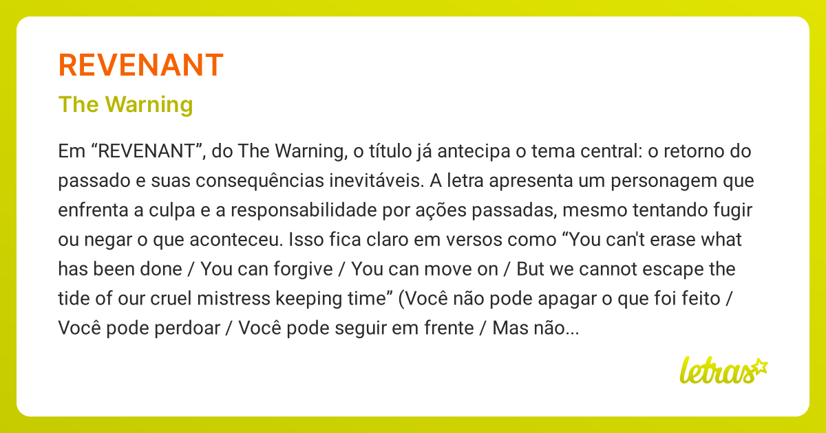 Significado da música REVENANT (The Warning) - LETRAS.MUS.BR