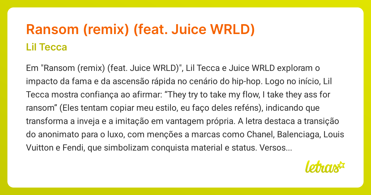 Significado da música Ransom (remix) (feat. Juice WRLD) (Lil Tecca ...