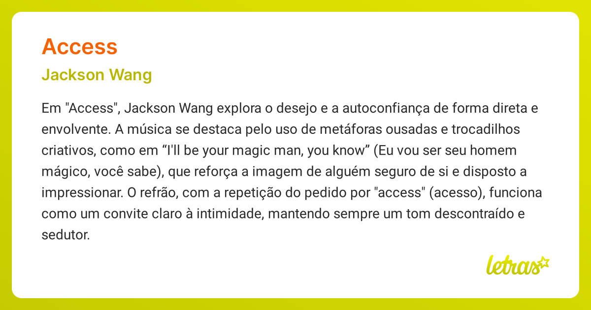 Significado da música ACCESS (Jackson Wang) - LETRAS.MUS.BR