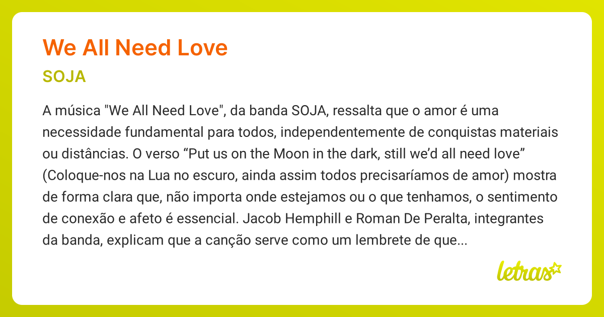 Significado da música WE ALL NEED LOVE (SOJA) - LETRAS.MUS.BR