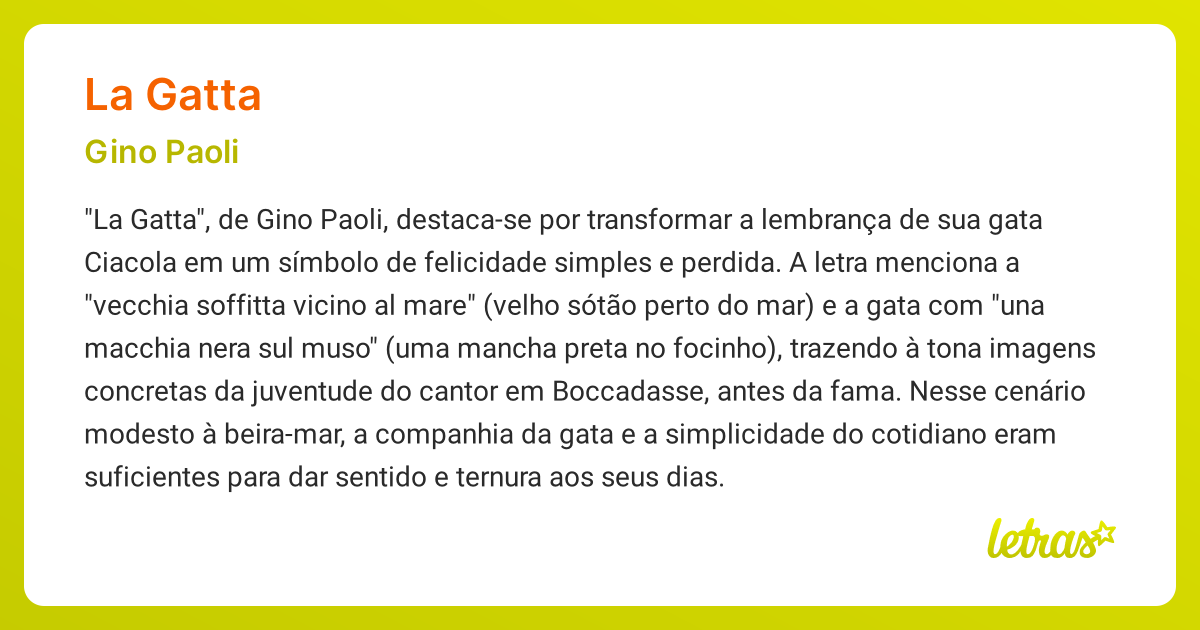 Significado da música LA GATTA (Gino Paoli) - LETRAS.MUS.BR