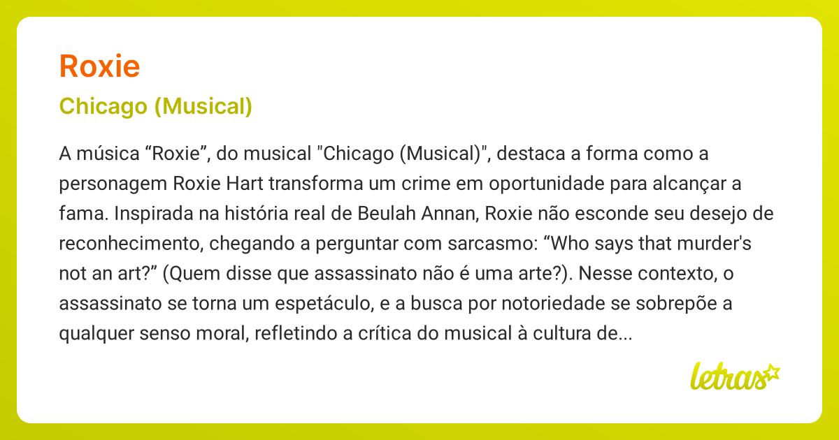 Significado da música ROXIE (Chicago (Musical)) - LETRAS.MUS.BR