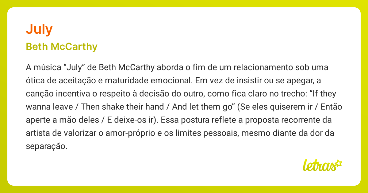 Significado da música JULY (Beth McCarthy ) - LETRAS.MUS.BR