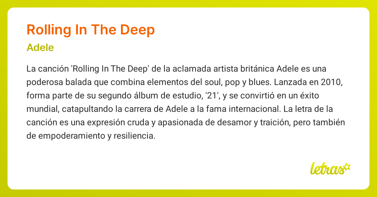 Significado de la canción ROLLING IN THE DEEP (Adele) - LETRAS.COM