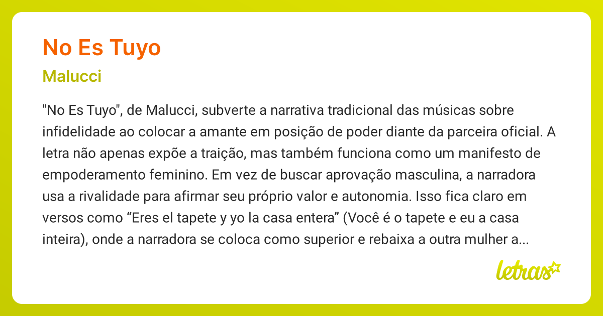 Significado da música NO ES TUYO (Malucci) - LETRAS.MUS.BR