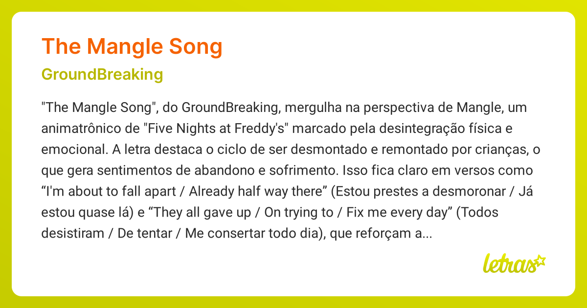 Significado da música THE MANGLE SONG (GroundBreaking) - LETRAS.MUS.BR