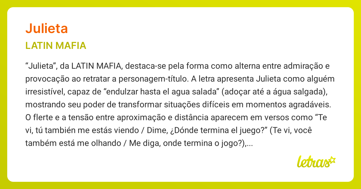 Significado da música JULIETA (LATIN MAFIA) - LETRAS.MUS.BR