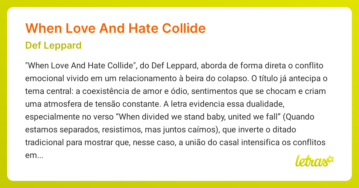 Significado da música WHEN LOVE AND HATE COLLIDE (Def Leppard) - LETRAS ...