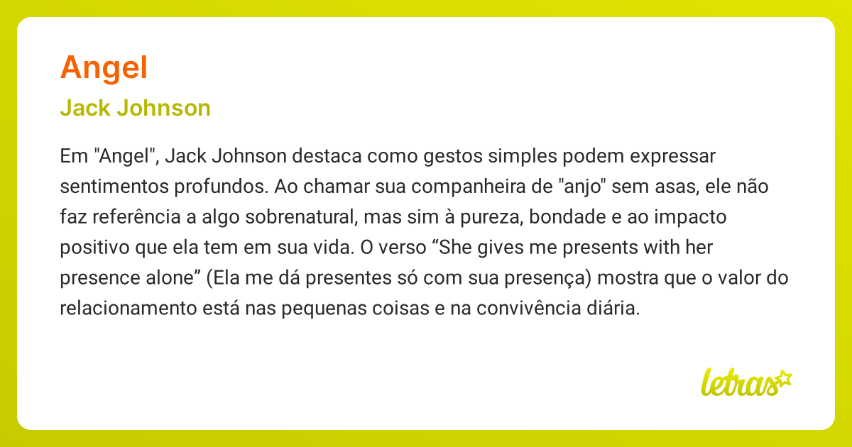 Significado da música ANGEL (Jack Johnson) - LETRAS.MUS.BR