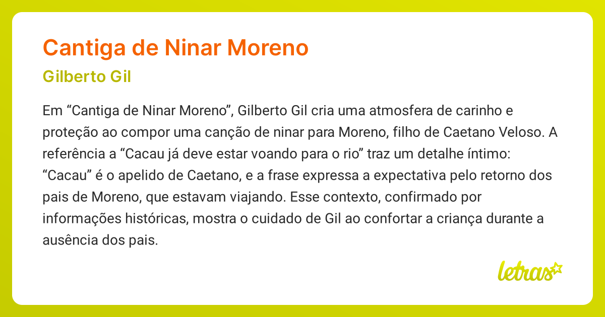 Significado da música CANTIGA DE NINAR MORENO (Gilberto Gil) - LETRAS ...