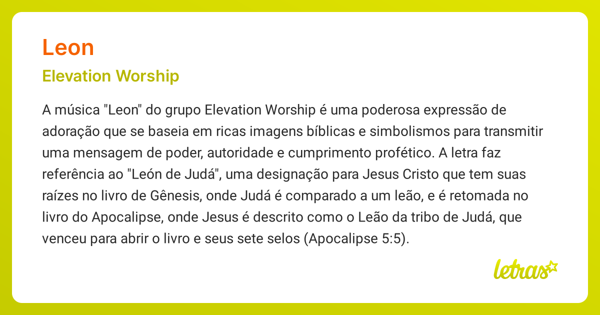 Significado da música LEON (Elevation Worship) - LETRAS.MUS.BR