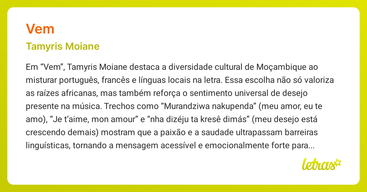Significado da música VEM (Tamyris Moiane) - LETRAS.MUS.BR