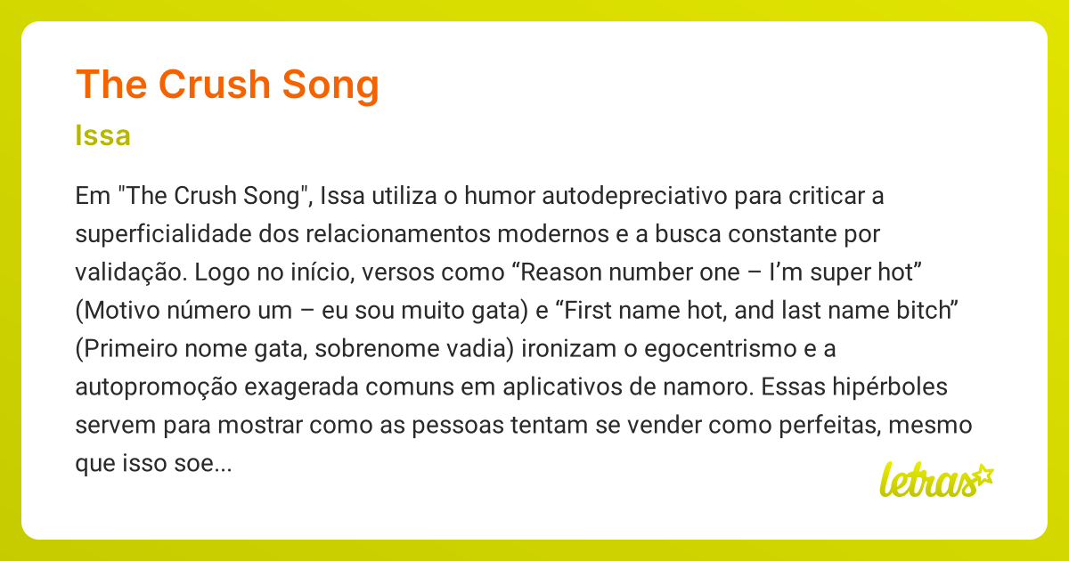 Significado da música THE CRUSH SONG (Issa) - LETRAS.MUS.BR
