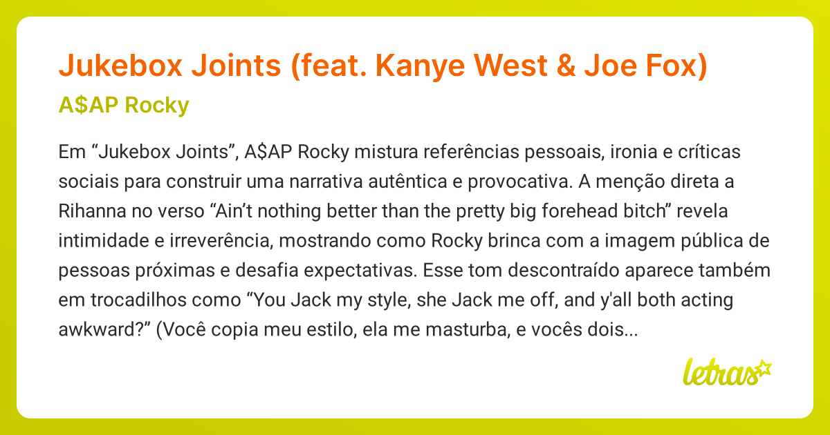 Significado da música Jukebox Joints (feat. Kanye West & Joe Fox) (A$AP ...