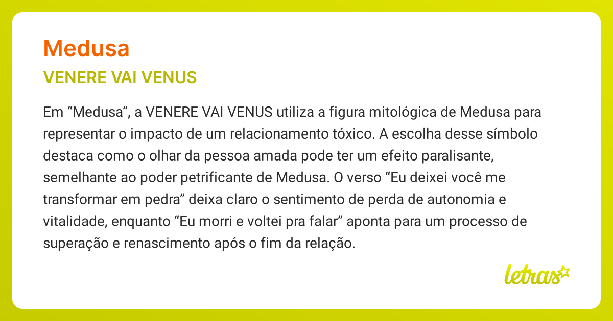 Significado da música MEDUSA (VENERE VAI VENUS) - LETRAS.MUS.BR