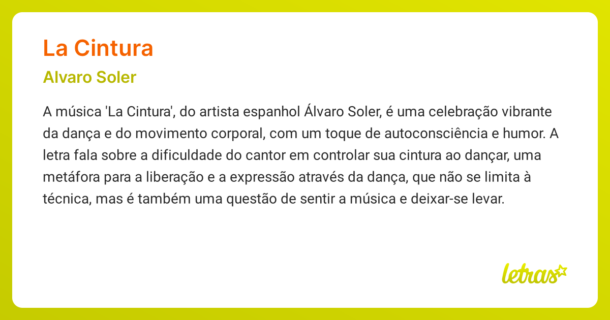 Significado da música LA CINTURA (Álvaro Soler) - LETRAS.MUS.BR