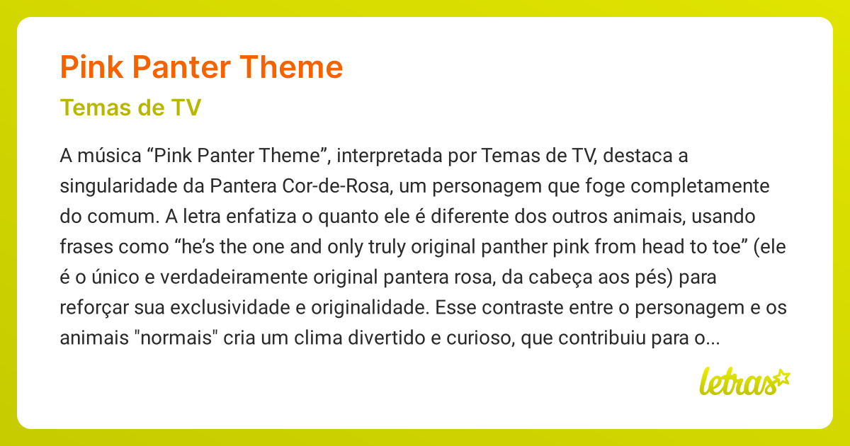 Significado da música PINK PANTER THEME (Temas de TV) - LETRAS.MUS.BR