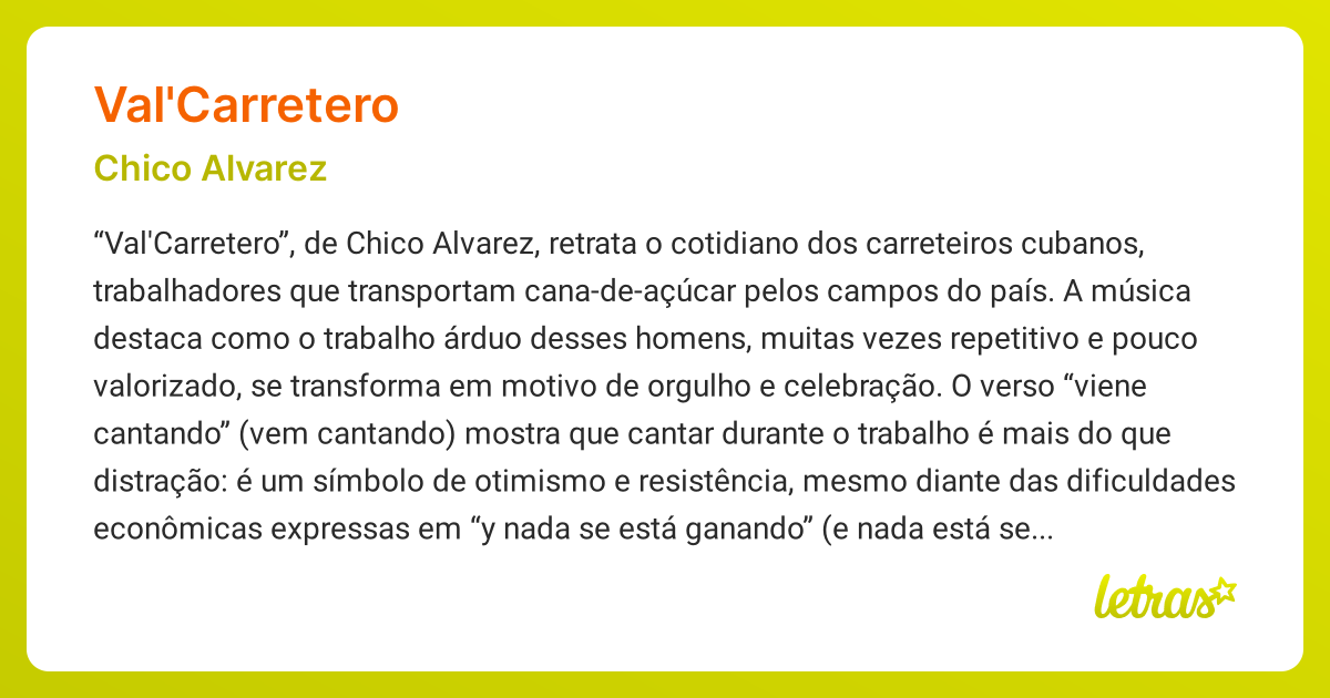 Significado da música VAL'CARRETERO (Chico Alvarez) - LETRAS.MUS.BR