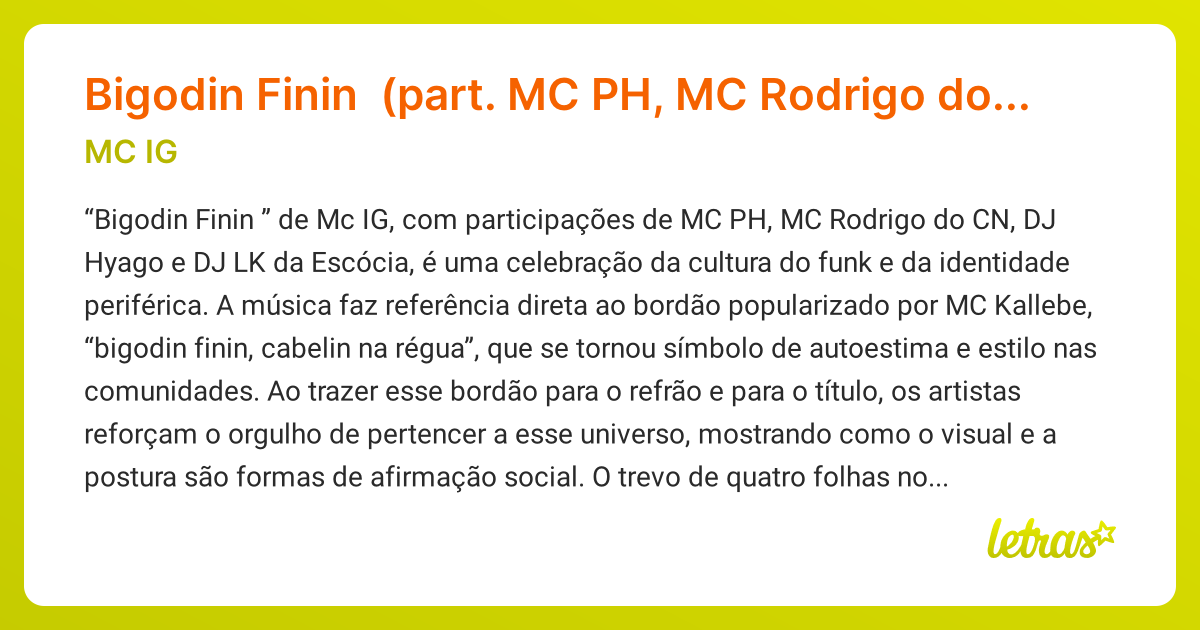 Significado da música Bigodin Finin 🍀 (part. MC PH, MC Rodrigo do CN ...