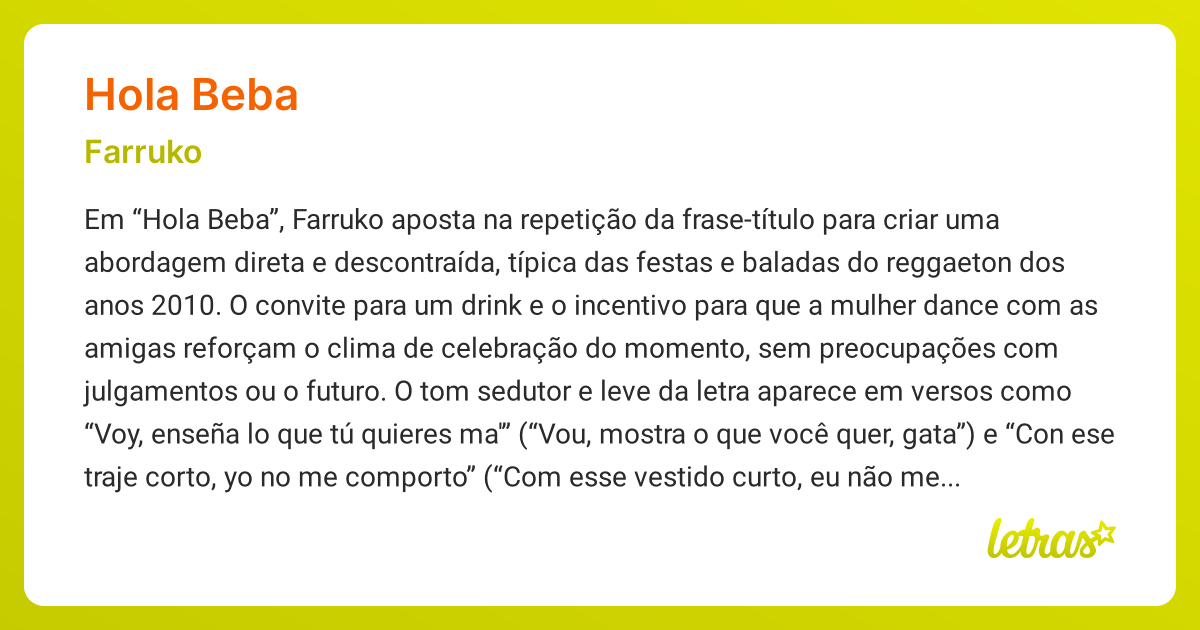 Significado da música HOLA BEBA (Farruko) - LETRAS.MUS.BR