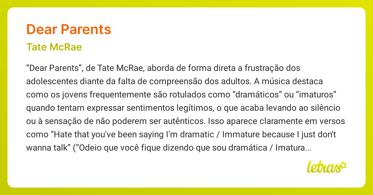 Significado da música DEAR PARENTS (Tate McRae) - LETRAS.MUS.BR