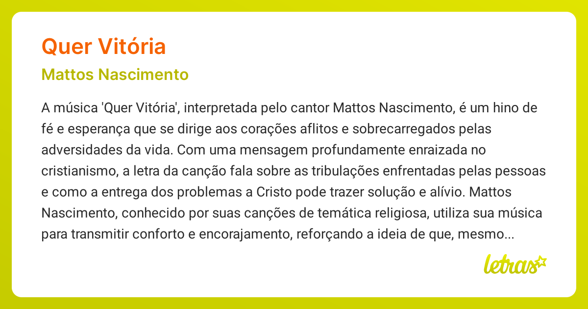 Significado da música QUER VITÓRIA (Mattos Nascimento) - LETRAS.MUS.BR