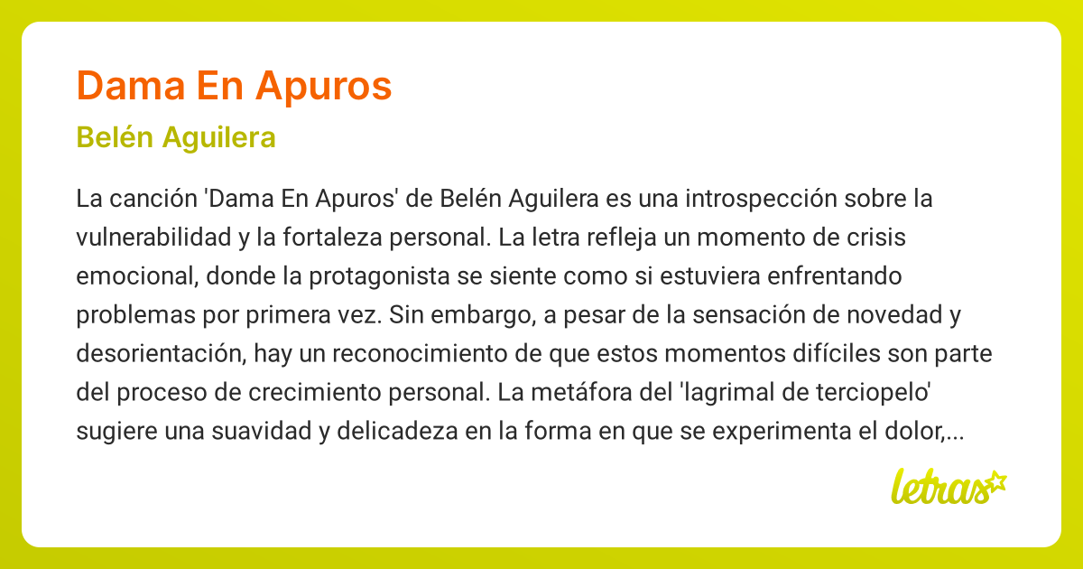 Significado de la canción DAMA EN APUROS (Belén Aguilera) - LETRAS.COM