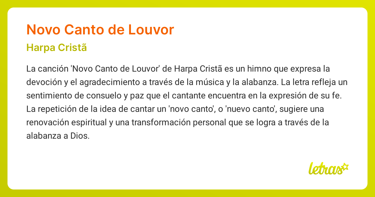 Significado de la canción NOVO CANTO DE LOUVOR (Harpa Cristã) - LETRAS.COM