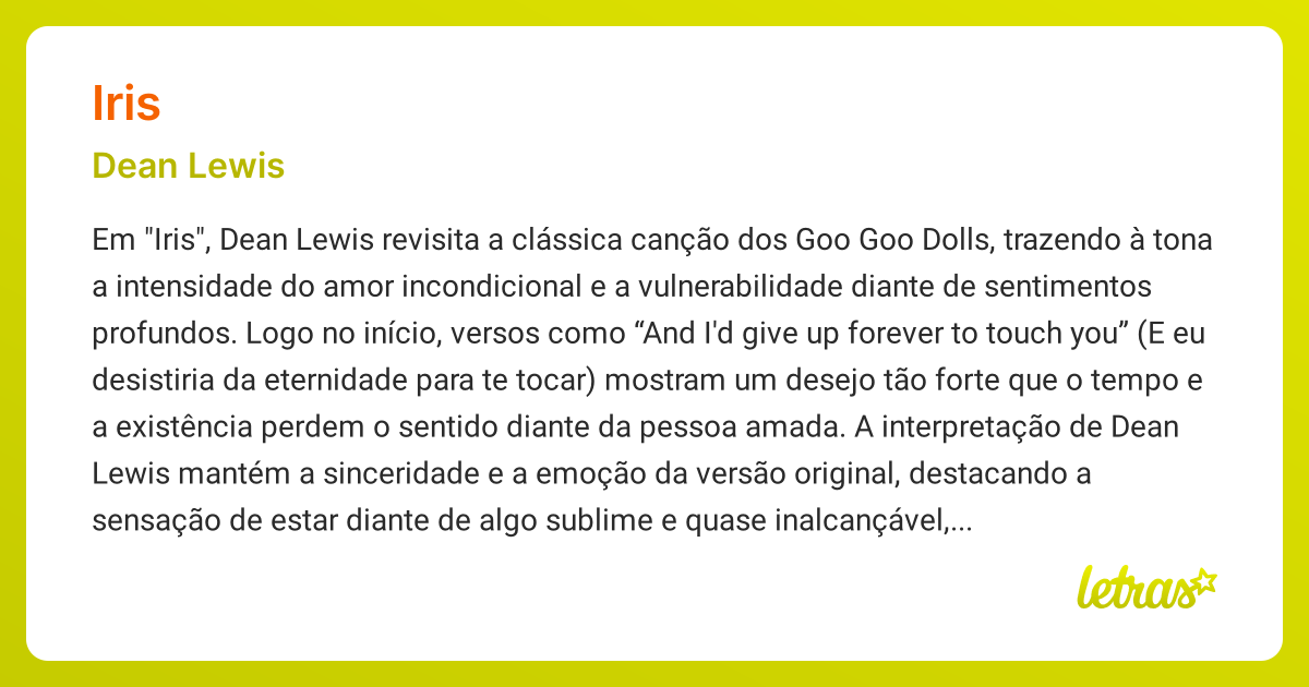 Significado da música IRIS (Dean Lewis) - LETRAS.MUS.BR